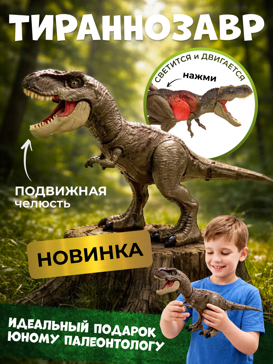 Интерактивный динозавр Тираннозавр, пластик, интерактивный, звук, свет