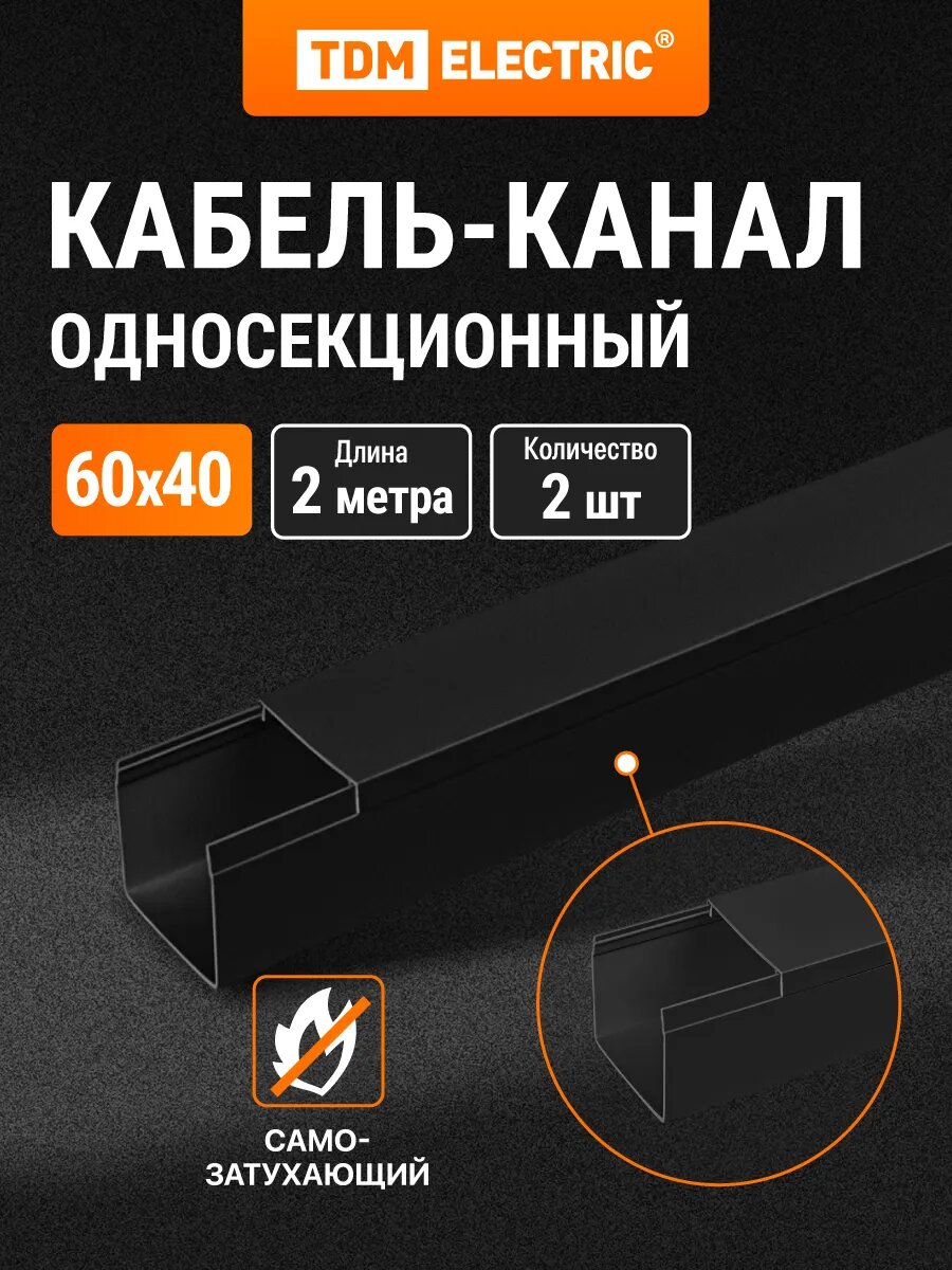 Кабель-канал односекционный 60х40 черный 2 метра, упаковка 2 штуки TDM Electric