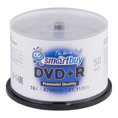 Диски DVD+R (плюс) SMARTBUY, 4.7 Гб, 16x, Cake Box (упаковка на шпиле), комплект 50 шт, SBDVPR50
