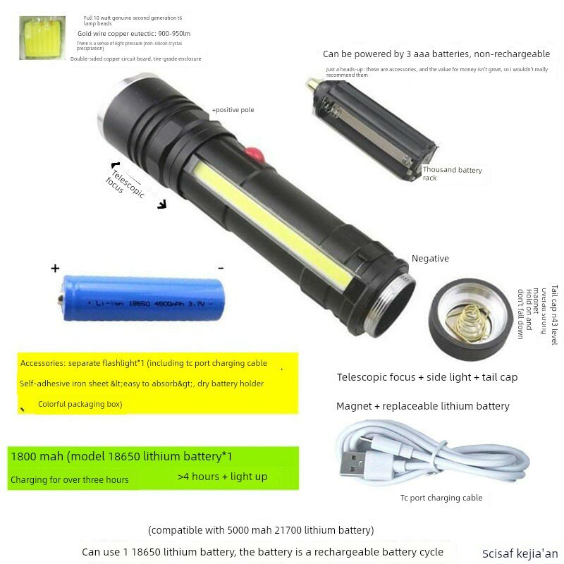 Фонарь с портом Type-C, основной свет T6+, боковой свет COB, зарядка через USB, магнитный, многофункциональный,