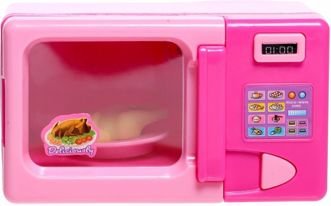 Детская игровая бытовая техника "Микроволновая печь" со светом и вращающейся тарелкой, сюжетно-ролевая игра с аксессуарами, работает от батареек, цвета микс