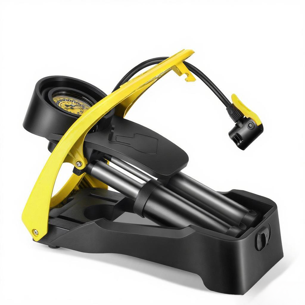 Футлярный насос для велосипедов двухцилиндровый высокого давления для мотоциклов электромобилей велосипедов с манометром, черный+желтый, нитрил+сплавная сталь+TPU, длина шланга 780 мм, складной размер 300*145*70 мм, вес товара 1419 г, размер упаковки