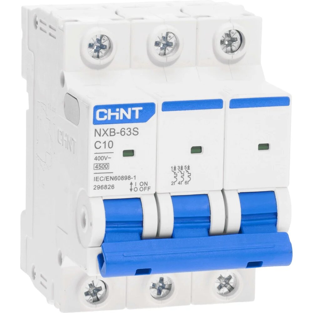 Автоматический выключатель CHINT NXB-63S 3P модульный трехполюсный тип C, белый корпус, защита