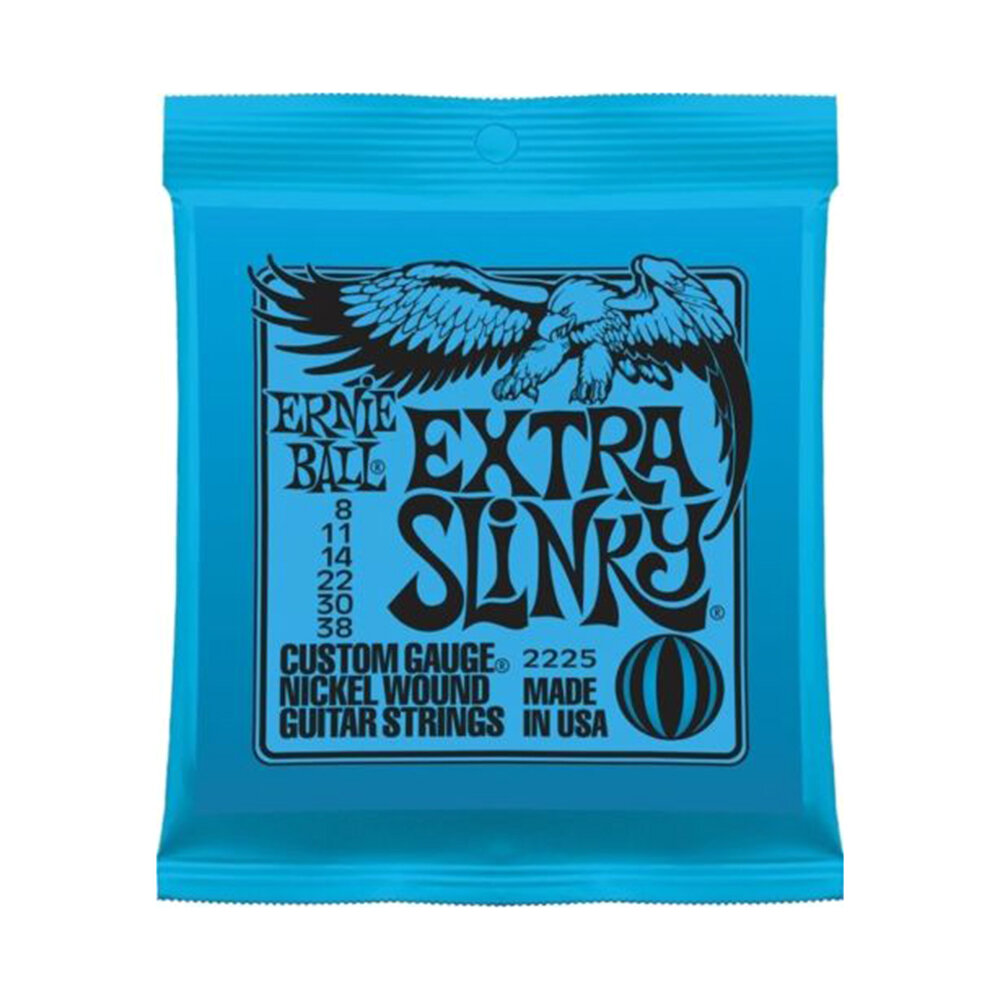 Струны для электрогитары Ernie Ball 2225 Extra Slinky Nickel , гитарные струны никелевые, набор 6 струн, размеры 8-38, модель 2225, материал никель, вес упаковки 20г, размер упаковки 10*10*10mm