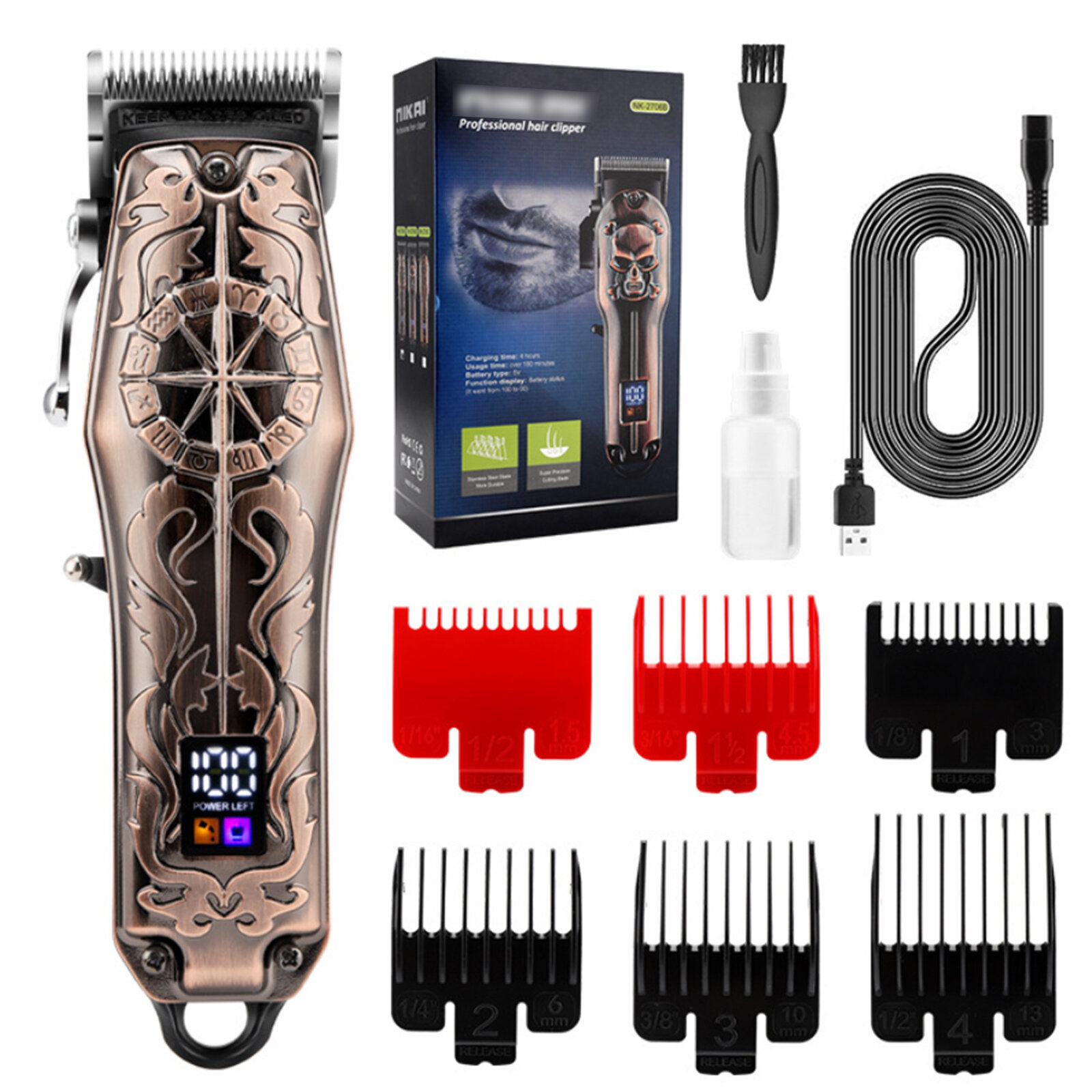 Электрический нож для стрижки волос USB Барбер LCD-дисплей Стригуны триммер для бороды Домашний набор триммера Салонная машина для стрижки волос IPX4 Водонепроницаемая USB-зарядка с 6 щетками для стрижки Масло для смазки Бронзовый цвет Материал Металл