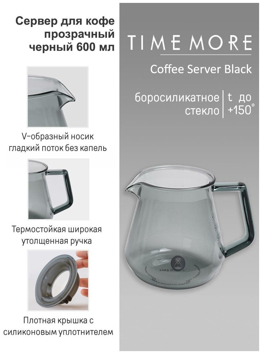 Заварочный чайник стеклянный для кофе Timemore Transparent Black 600 мл, тёмное стекло
