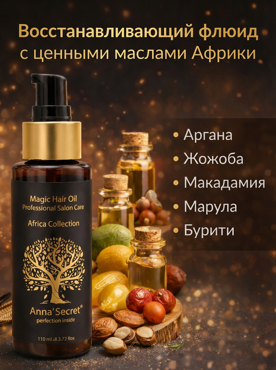 Флюид для волос Magic Hair Oil Africa Collection "Anna' Secret", глубокое увлажнение, питание, аргановое масло для волос, жожоба, макадамия, 110мл.