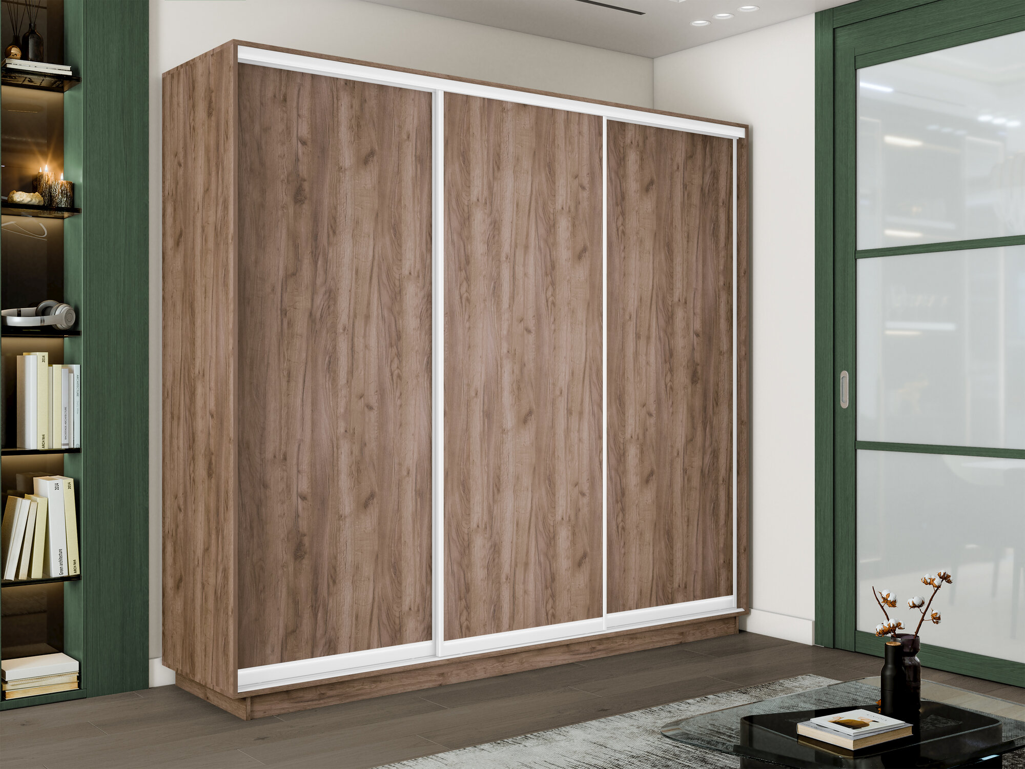 Шкаф купе Вилли 3-х дверный ЛДСП, профиль белый 210 см х 220 см х 45 см (Крафт табачный)