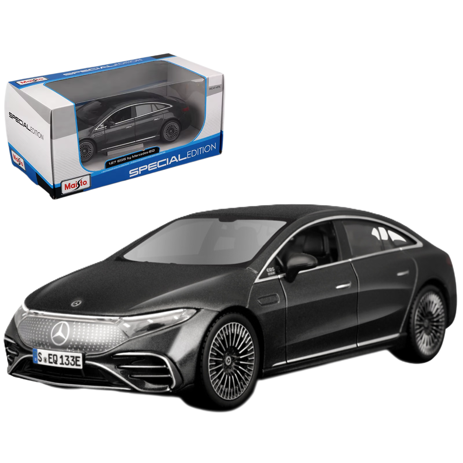 Модель машины Maisto Mercedes-Benz EQS электромобиль масштаб 1:27 темно-серый, длина 19.5 см, ширина 8 см, высота 5.9 см, материал цинковый сплав, резина, ABS, для возраста 8 лет и старше, двери открывающиеся
