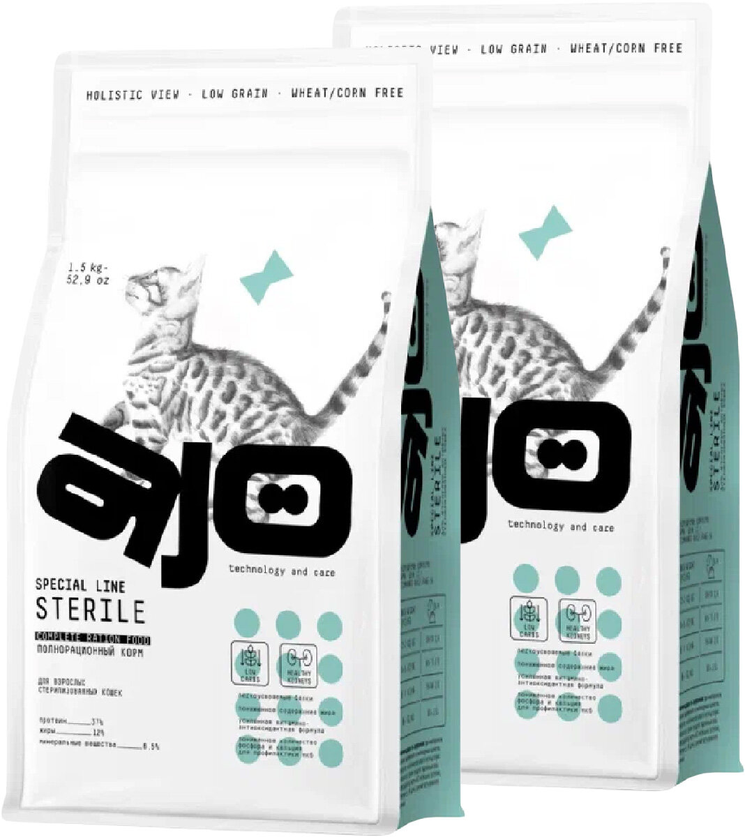 Корм сухой Ajo Cat Special Line Sterile для стерилизованных кошек с высоким содержанием белка, индейка утка, 1,5 кг х 2 шт