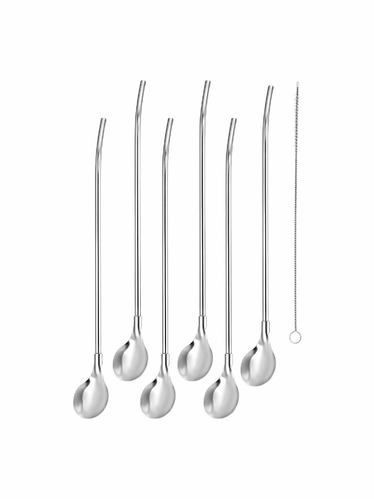 6шт Соломенные ложки с чистящей щеткой, ложка для перемешивания напитков и десертов