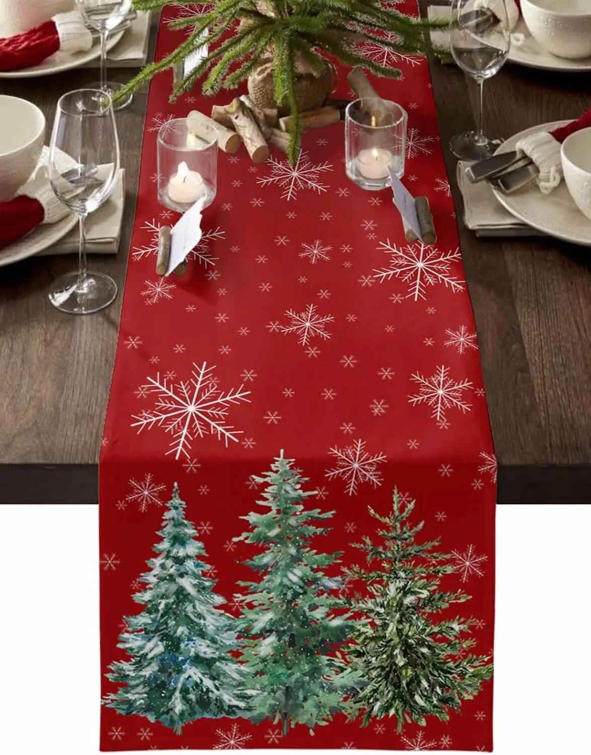 Рождественская зеленая сосна, льняная дорожка для стола, декор для вечеринки, многоразовая зимняя рождественская дорожка для кухонного обеденного стола, рождественские украшения