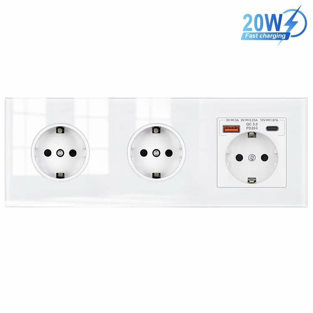 Розетка тройная с usb type-c мощностью 20Вт, с заземлением, Рама из закаленного стекла Белый
