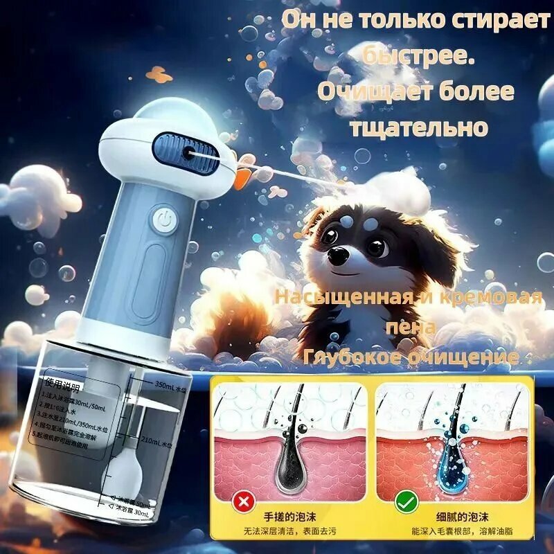 Устройство для создания пены для купания животных, белый и лазурный, USB-зарядка, комплект с кабелем