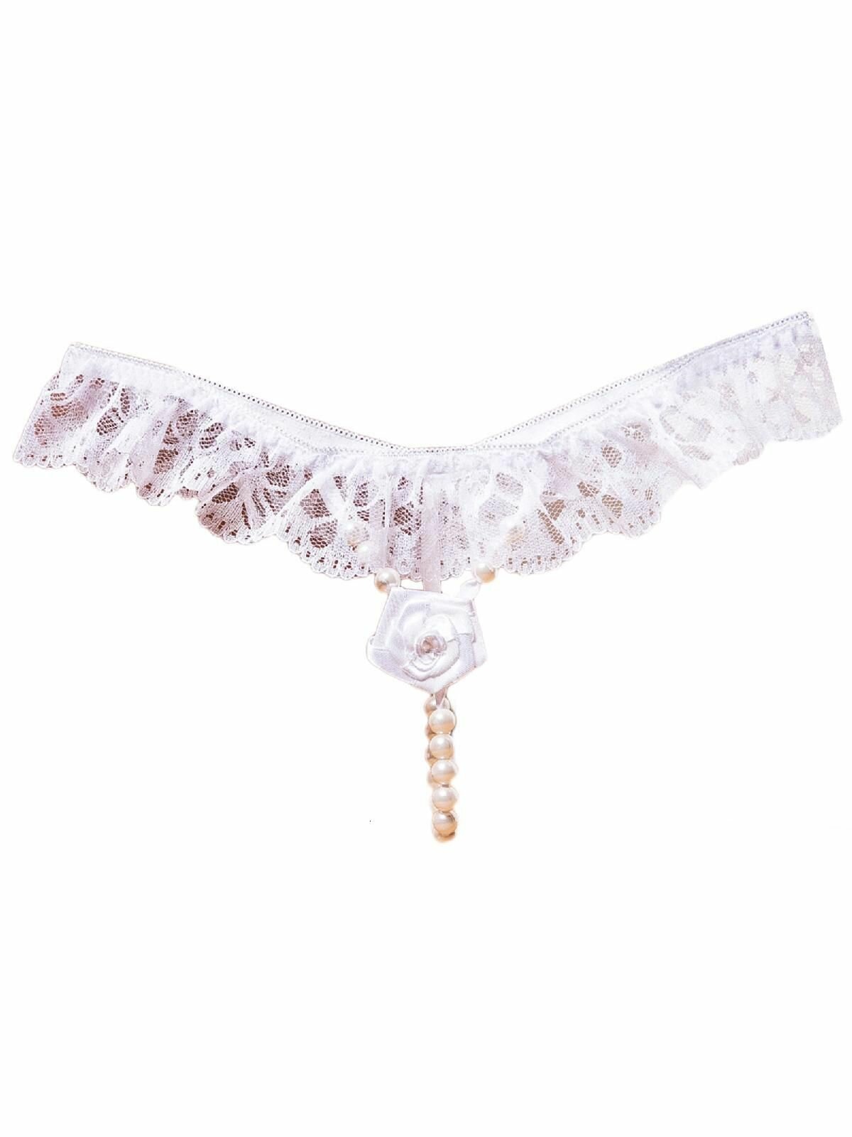 Пара женских розовых стрингов с жемчужным кружевом-белые-один размер
