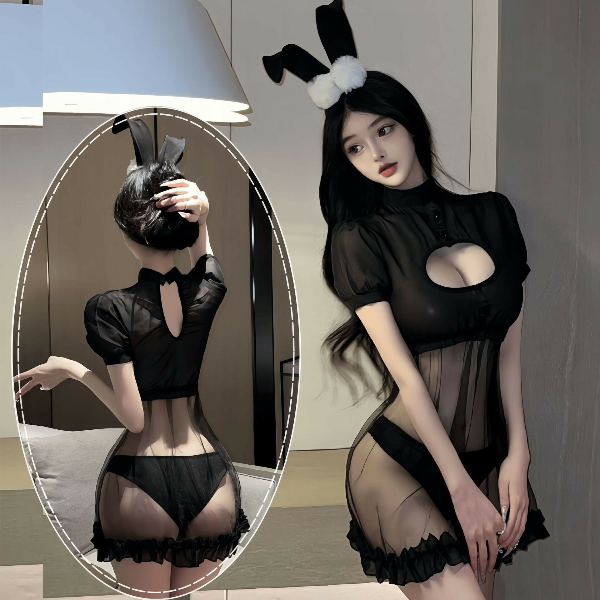 Костюм кролика в сексуальном нижнем белье, изображающий кролика с обнаженной грудью и кружевной юбкой. (Персонаж 9128, черный)
