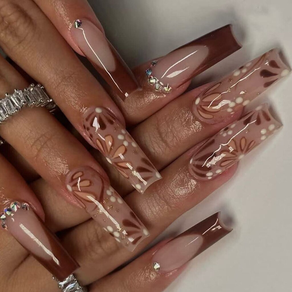 24 шт. длинные накладные ногти, глянцевый френч, цветочный дизайн