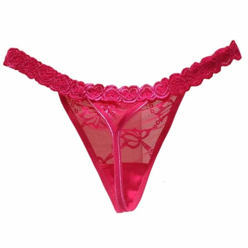 Кружевные стринги с цветочным узором, Розово-красный - XL