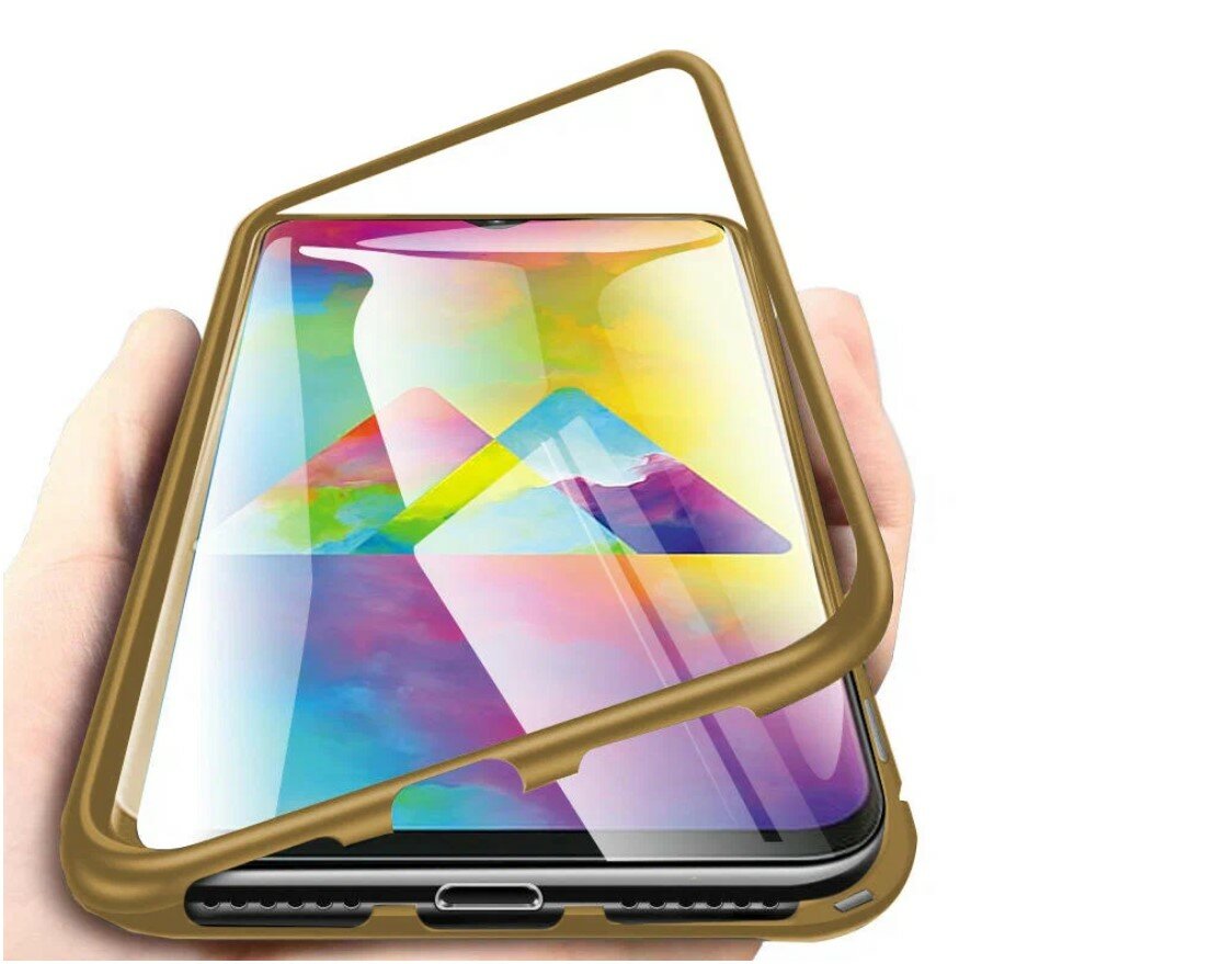 Чехол MyPads для iPhone 11 Pro магнитный из закаленного стекла и металла с двухсторонней прозрачной крышкой золотистый