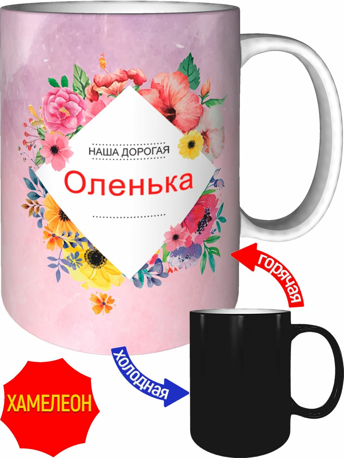 Кружка наша дорогая Оленька - хамелеон, керамическая, объем 330 мл.