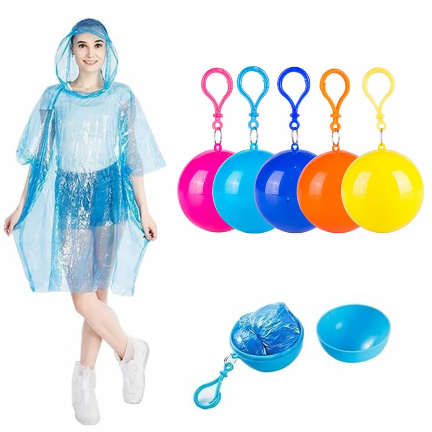 THJOPOKEEL 6 Пластмассовых Ключевых Цепочек с Водонепроницаемым Шаром, Одноразовый Плащ в Шарообразной Форме, Материал: Пластик, Цвет: Случайный, Вес: 30г, Размер: Шар: 6.5см, Плащ: 130см, В комплект входят 6 ABS Шаров и 6 Плащей