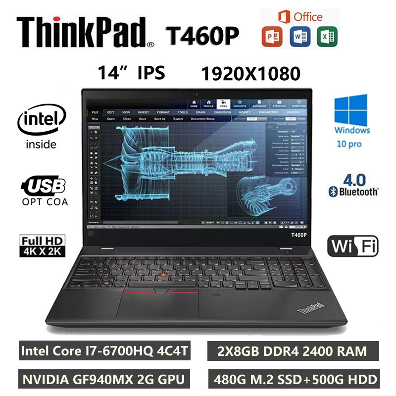 Подержанный ноутбук 14" Lenovo Thinkpad T460P ( Intel CORE i7-6700HQ CPU+2X8GB DDR4 2400+480GB M.2 NGFF SSD+500G HDD+940MX 2G+Intel HD Graphics 530+1920X1080 IPS 4K ) Win 10 pro