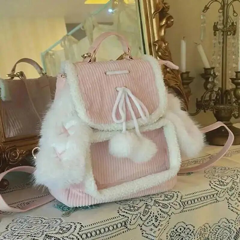 Плюшевый вельветовый рюкзак Kawaii Pink Ita с кроличьими ушками, японская сумка для боли, прозрачный карманный рюкзак в стиле Лолиты, сумки для девочек Y2k
