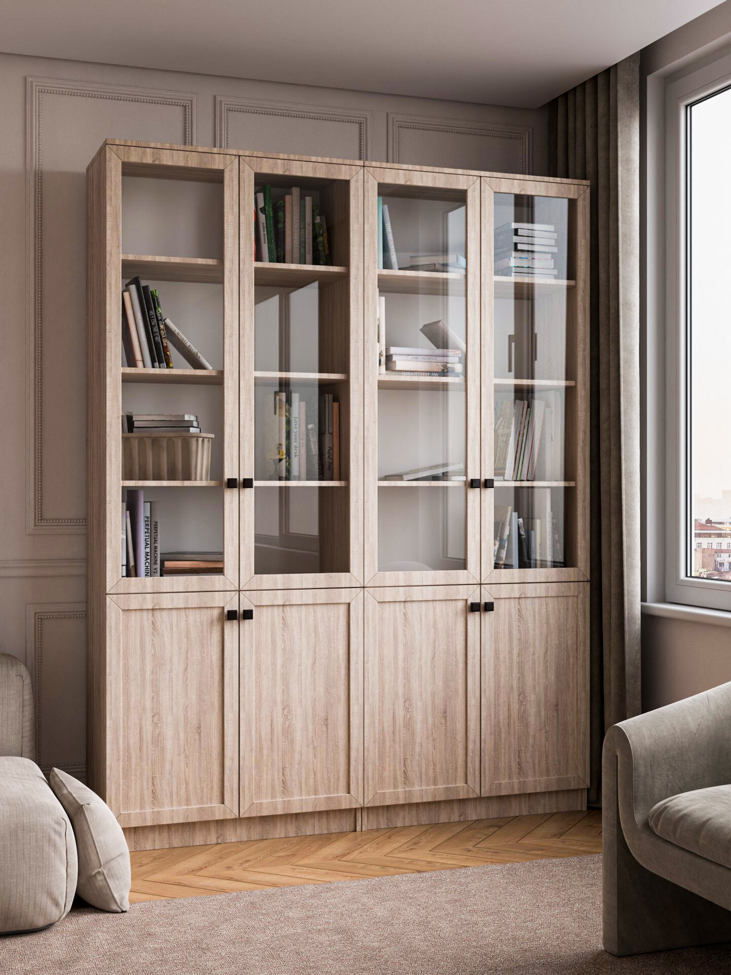 Шкаф для книг Вест 4.3, 136х38х210 см, со стеклом, шкаф для домашней библиотеки, с полками, дуб сонома