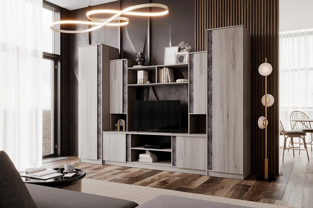 Гостиная центральная секция стенка и платяной шкаф, Атлантида-5, 280х201.6х51 см, Дуб Крафт серый /