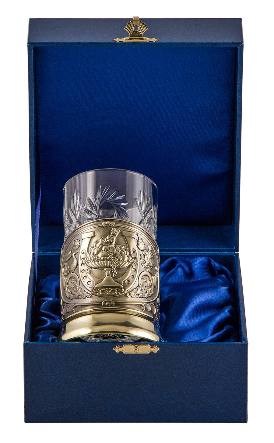 Подстаканник "Рог изобилия" - дерев. футляр, хруст. стакан, латунь, штамп ПД-358-л