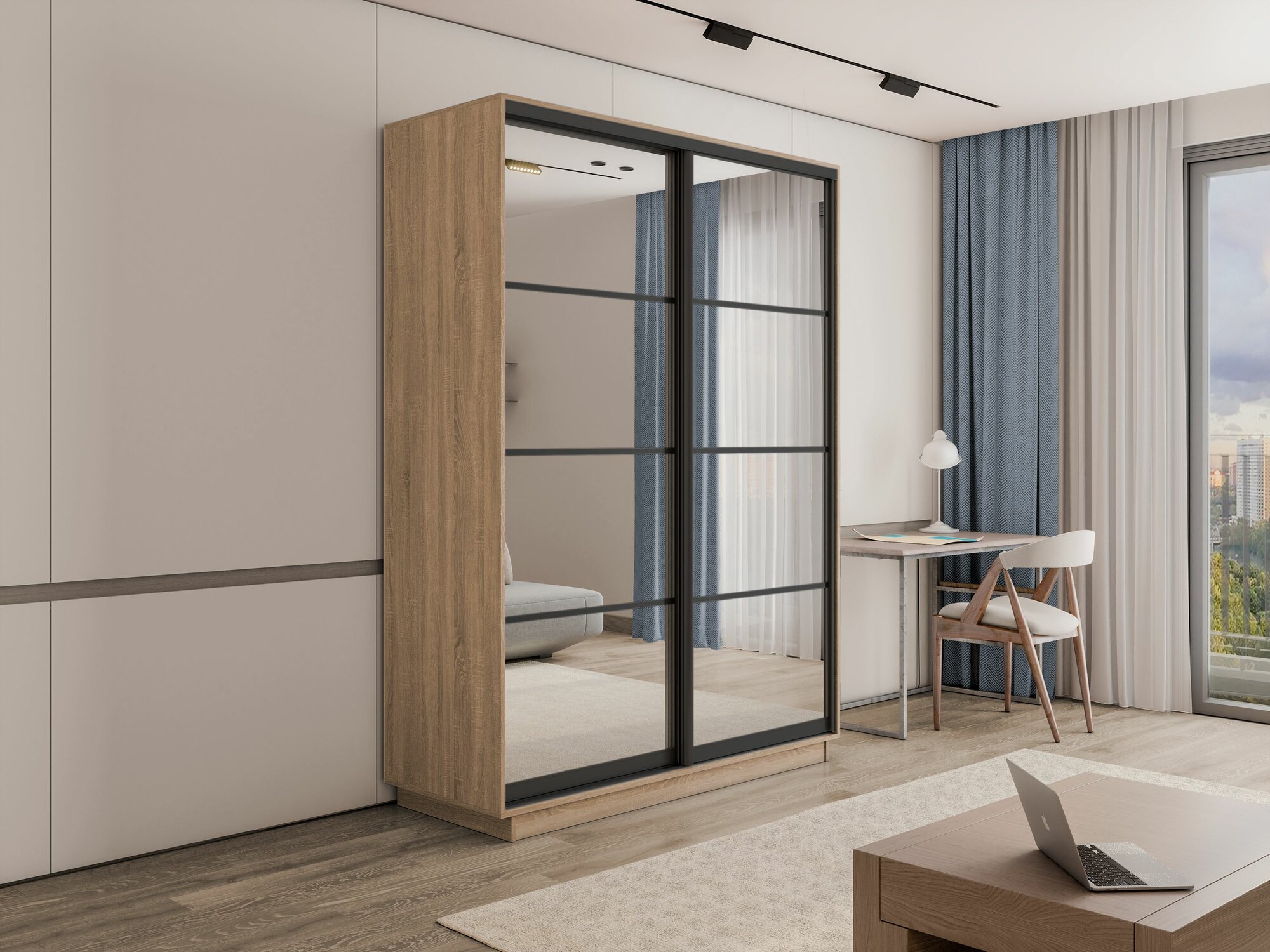 Шкаф-купе Вилли С4 2-х дверный, зеркальные двери, (черный профиль) 140х60х220 см. Сонома