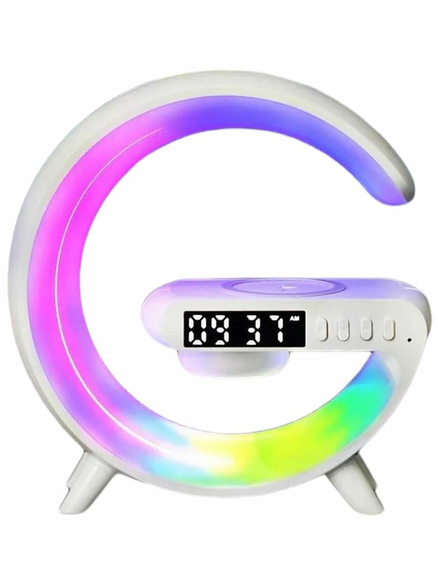 Блютуз колонка ночник с беспроводной зарядкой и подсветкой, портативная колонка с RGB-подсветкой для дома. Умная колонка с ночным светильником и зарядкой телефона