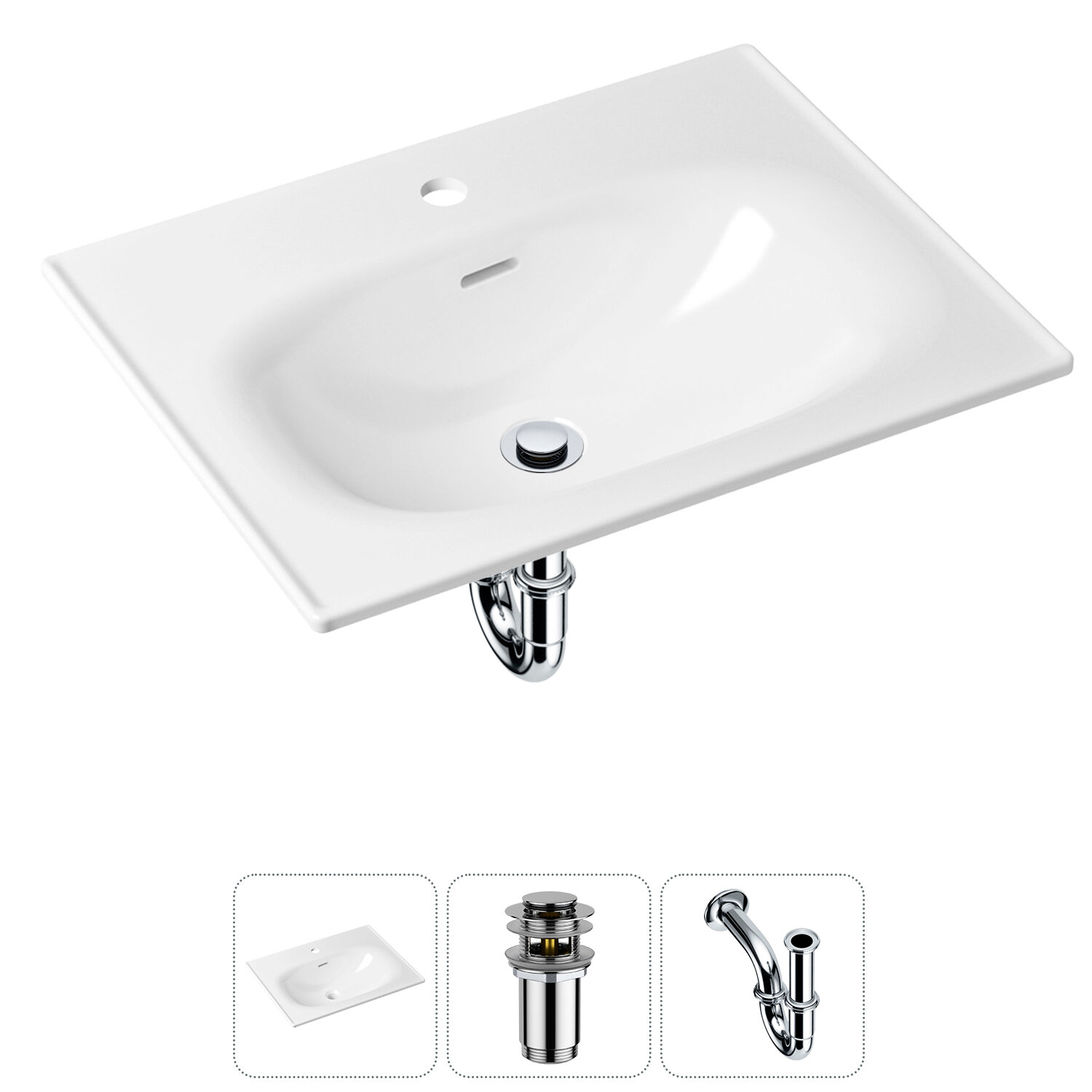 Врезная раковина в ванную Lavinia Boho Bathroom Sink 21520433 в комплекте 3 в 1: умывальник белый из фарфора 60 см, донный клапан click-clack в цвете хром, металлический сифон в цвете хром