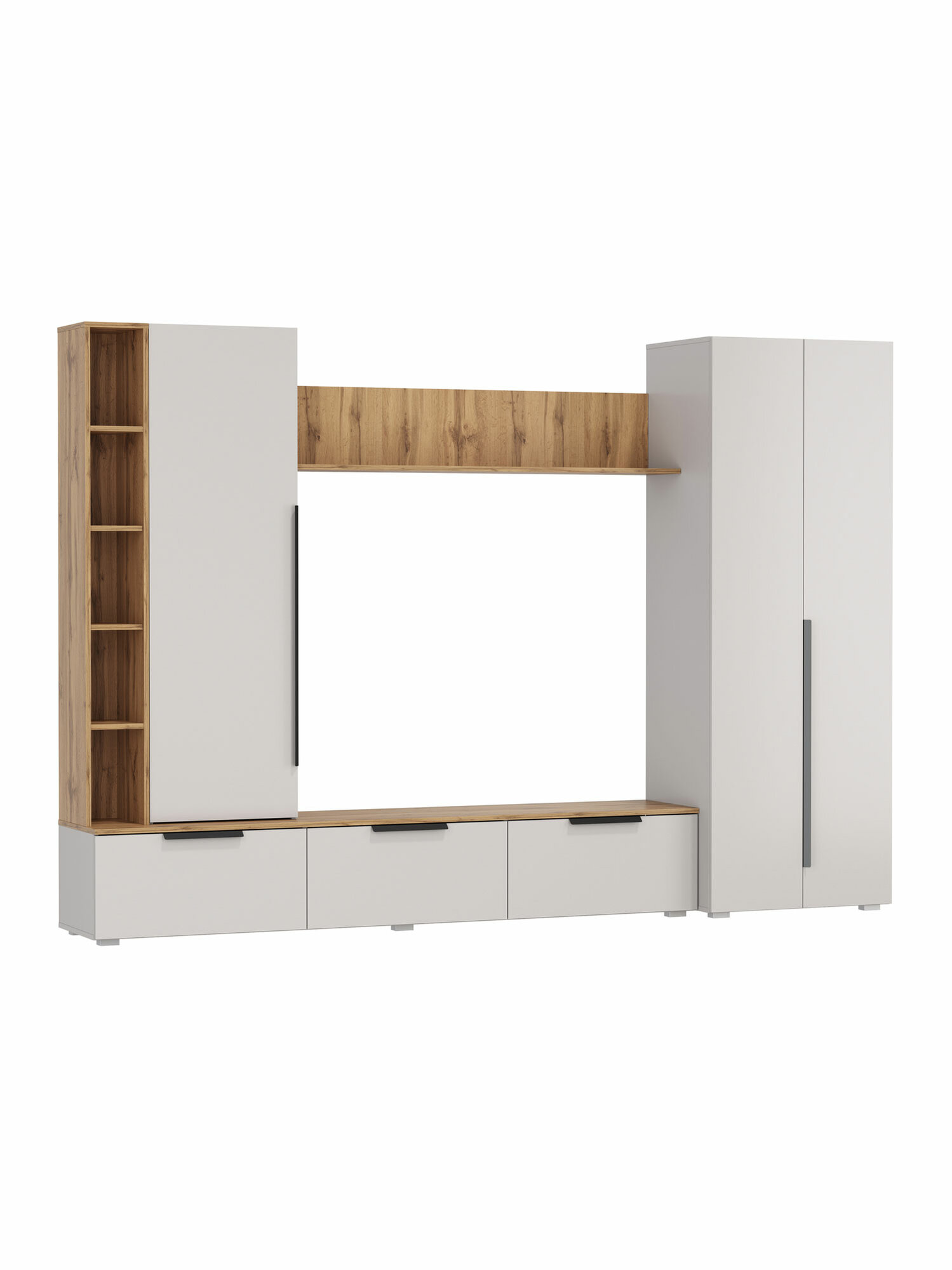 Гостиная комплект Аккорд Макси, ТВ-тумба, шкаф, настенная полка, с полками, со штангой, 268.8х49х186.2 см, Кашемир / Дуб золотой