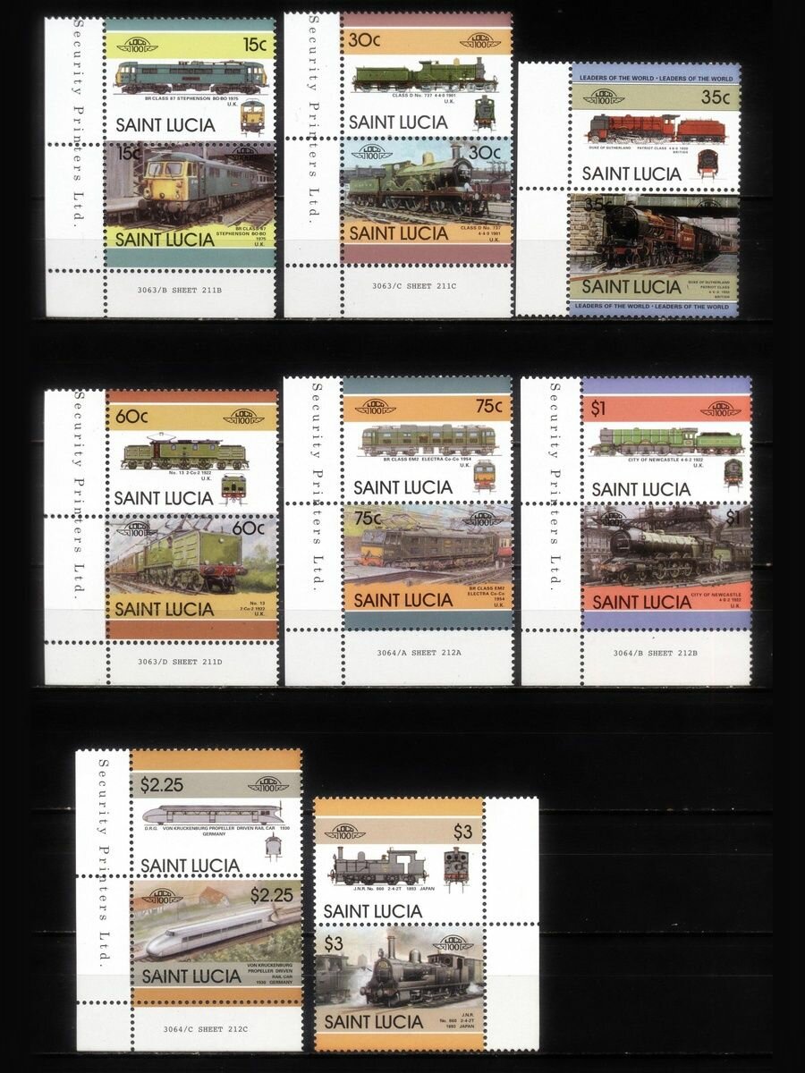 Марка.1986 г. Сент-Люсия. Серия "Локомотивы" 8 сцепок по 2 марки, поле.