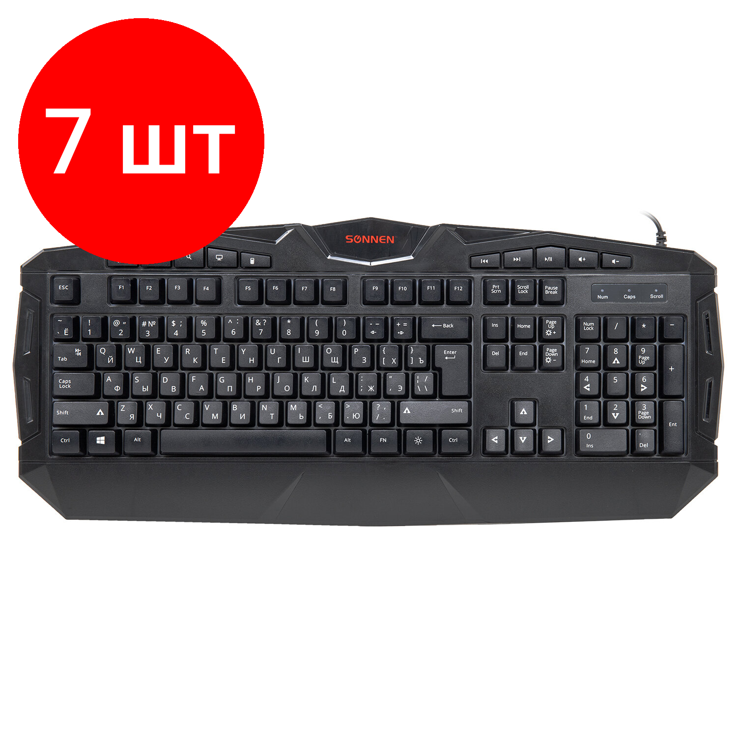 Комплект 7 шт, Клавиатура проводная игровая SONNEN Q9M, USB, 104 клавиши + 10 мультимедийных, RGB подсветка, черная, 513511