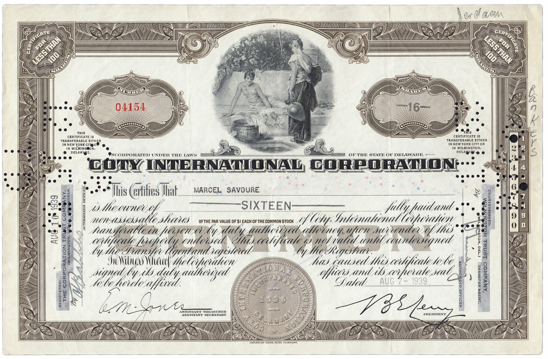Акция США COTY INTERNATIONAL CORPORATION 1939- 1940 гг