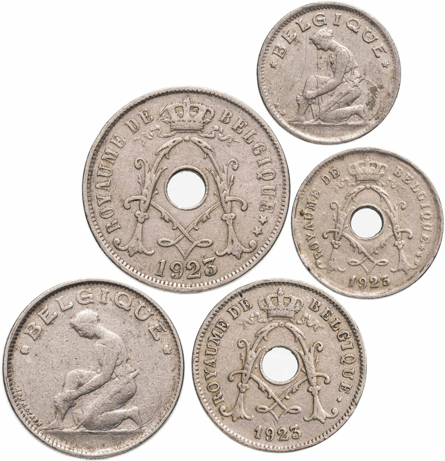 Бельгия набор 1923 5 шт BELGIQUE, Мельхиор медь-никель, в сохранности VF-XF