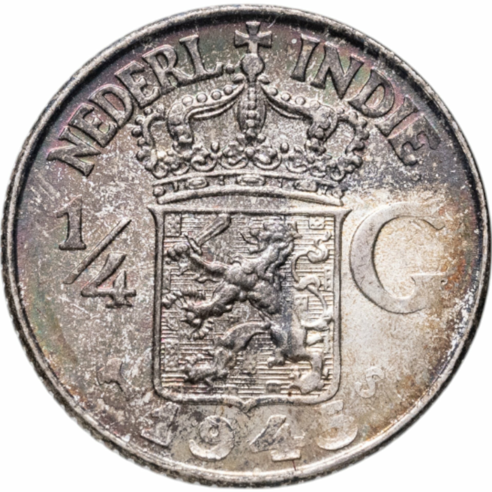 Голландская Ост-Индия 1/4 гульдена gulden 1945, Серебро 720, в сохранности AU