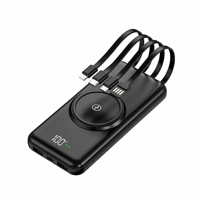 Повербанк 20000 mAh с беспроводной зарядкой и встроенными кабелями lightning, USB, USB Type-c, microUSB