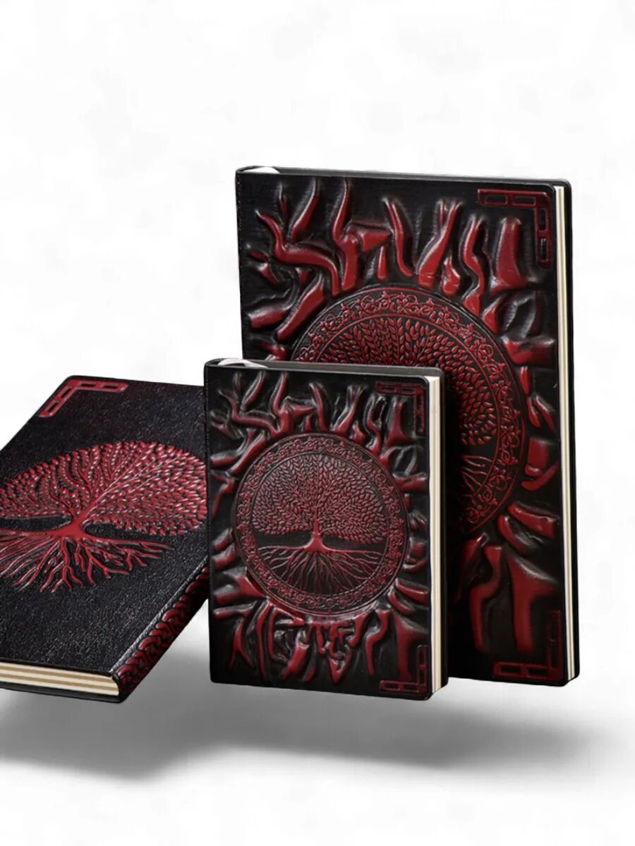 Блокнот "Китобой" А5, 3D-обложка "Древо жизни", эко-кожа, черный и красный цвет