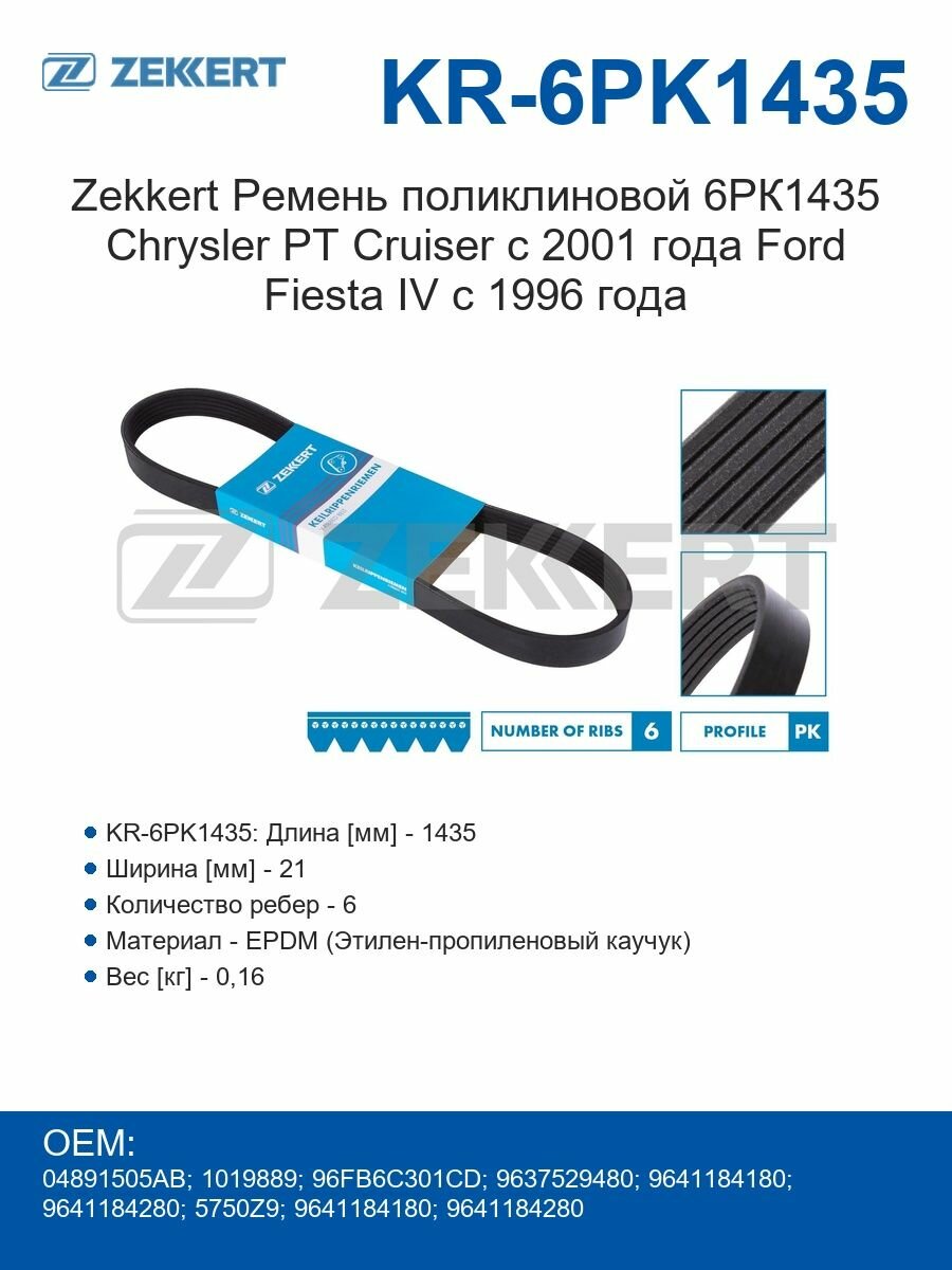 Zekkert Ремень поликлиновой 6РК1435 Chrysler PT Cruiser с 2001 года Ford Fiesta IV с 1996 года