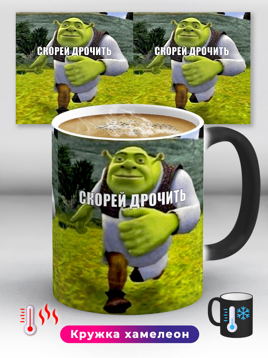 Кружка хамелеон с приколом Мем Шрек Скорей домой бежит