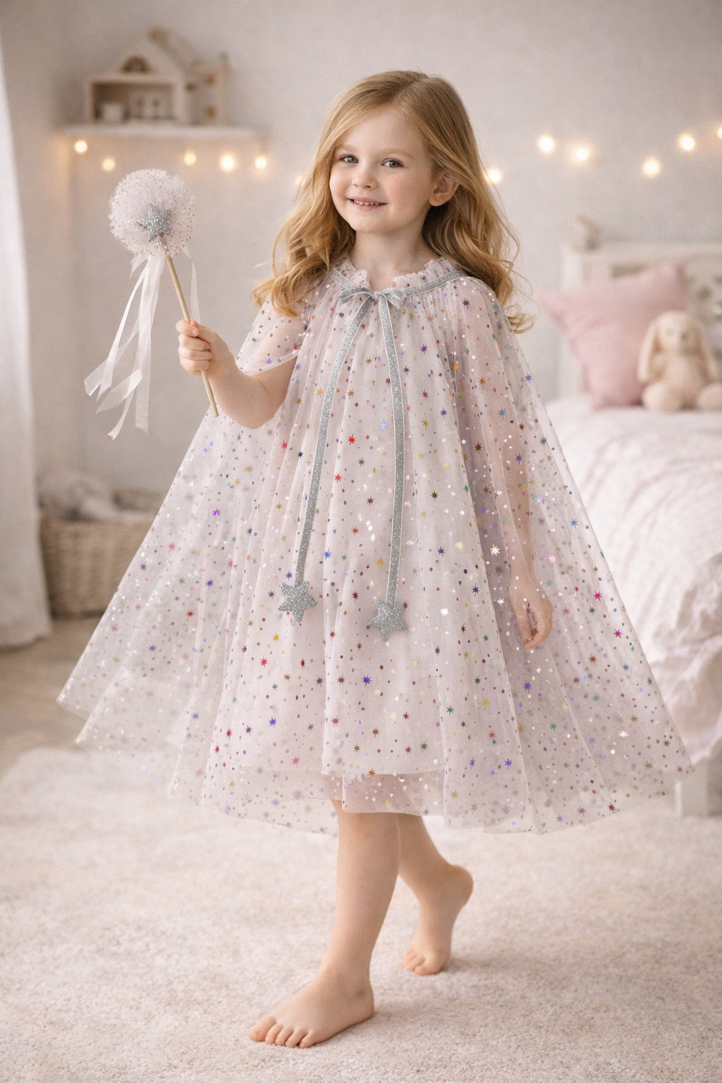 Плащ и волшебная палочка белый со звёздами, карнавальный костюм, ручная работа