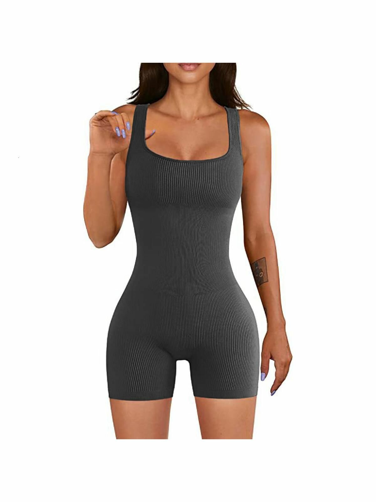Женский черный обтягивающий боди для йоги с квадратным вырезом, темно-серый - L