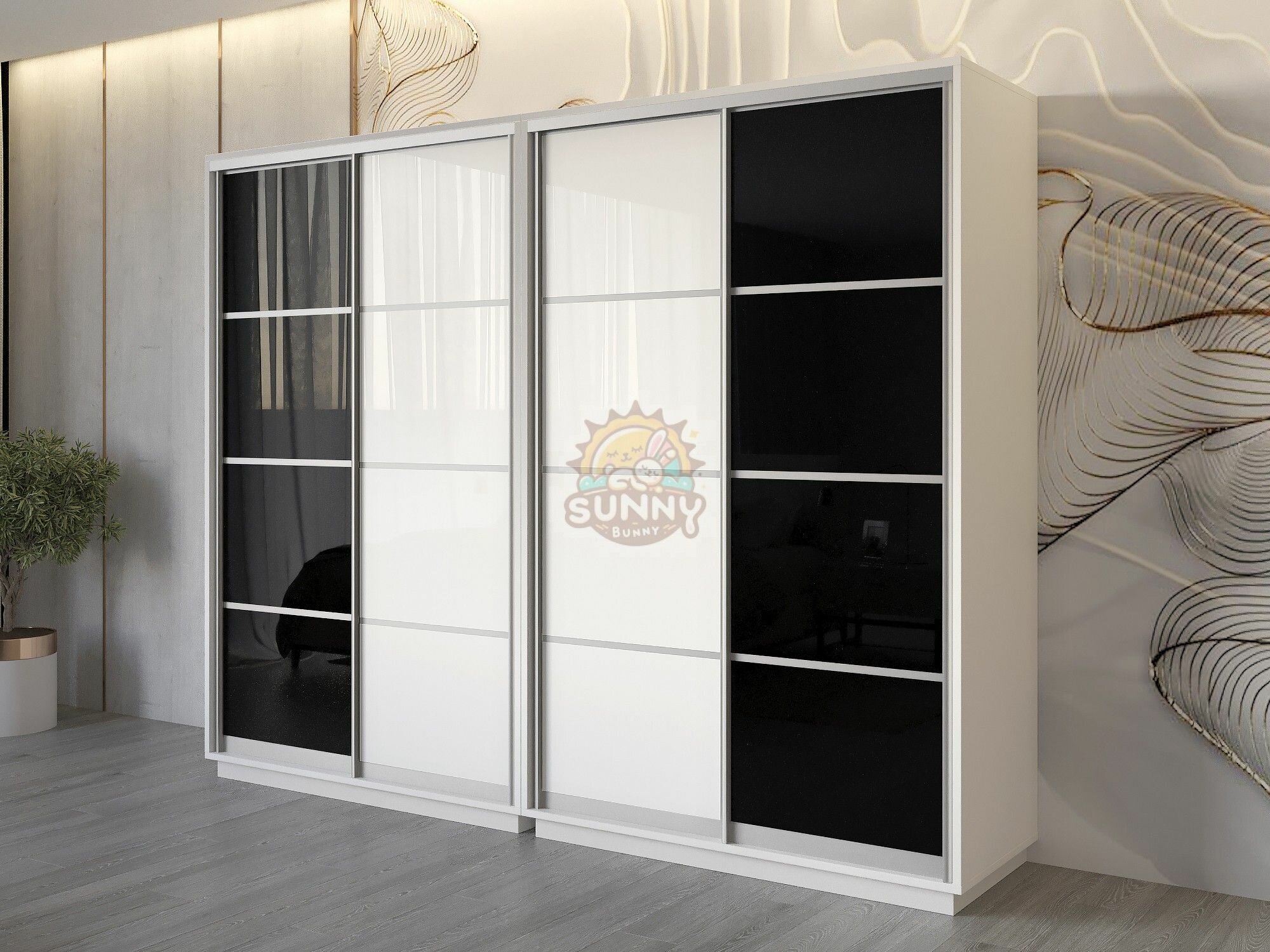 Шкаф-купе Флорида 4дв. (2+2) Стекло черное 2/Стекло белое 2, профиль серебро, 280х60х220 см. Белый снег