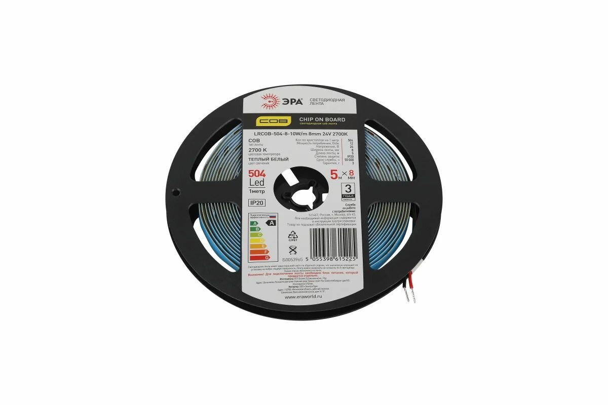 Лента LED COB(2700К) самоклеющ. 24В 10 Вт/м 504 led/м (COB) 8 мм (бухта 5м) IP20 ЭРА (Энергия света)
