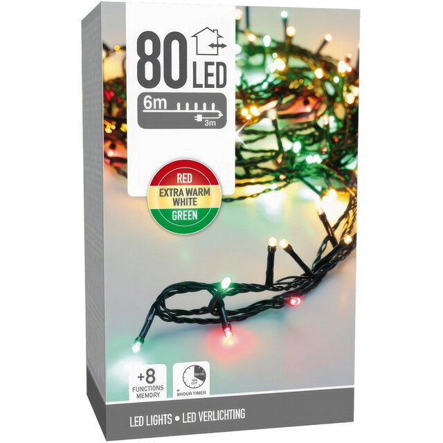 Светодиодная гирлянда Koopman Comfort Italian 6 м, 80 разноцветных LED ламп, зеленый ПВХ, контроллер, таймер, IP44, Koopman (Купман), AX8454510