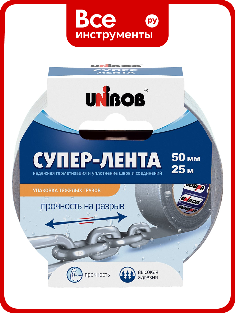 Армированная клейкая супер-лента UNIBOB 50 мм х 25 м серая 214999 44265