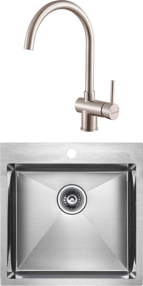Комплект Мойка Paulmark Kroner PM215151-BS 51x51, брашированная нержавеющая сталь, нержавеющая сталь / Смеситель Bend Be212066-BS брашированная сталь, брашированная сталь